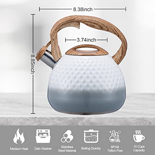 Tea Kettle, Stovetop Teapot, 2.7 Quart, Loud Whistle, Food Grade Stainless Steel and Smooth Wood Pattern Handle, Sophisticated Look for Hiking, Picnic, for Tea, Coffee, Milk (White)