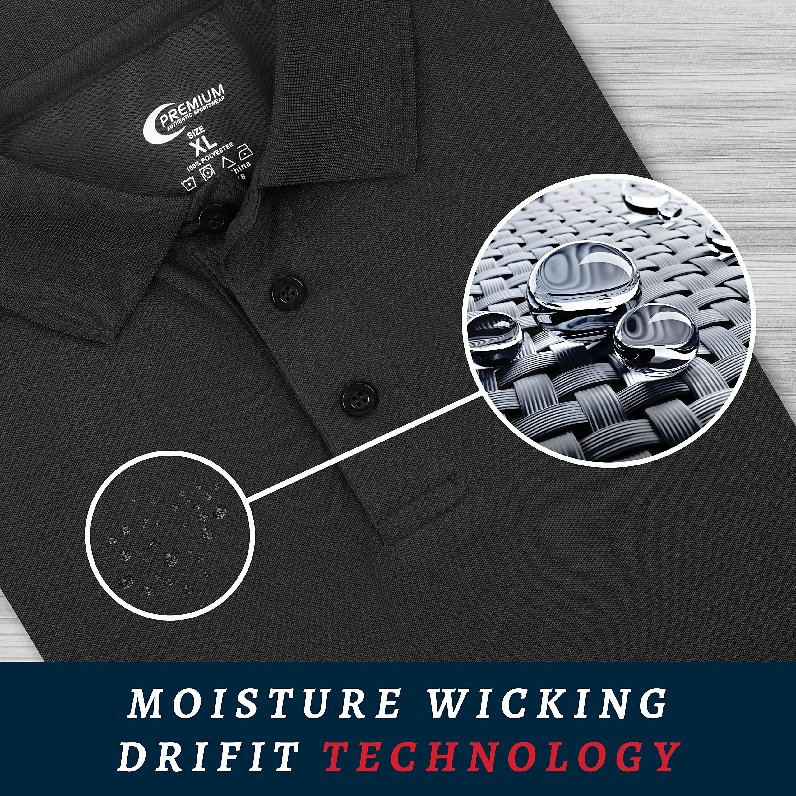 Premium Wear Men's High Moisture Wicking Polo T Shirts | Black - Large