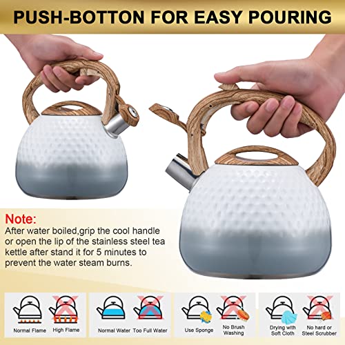 Tea Kettle, Stovetop Teapot, 2.7 Quart, Loud Whistle, Food Grade Stainless Steel and Smooth Wood Pattern Handle, Sophisticated Look for Hiking, Picnic, for Tea, Coffee, Milk (White)