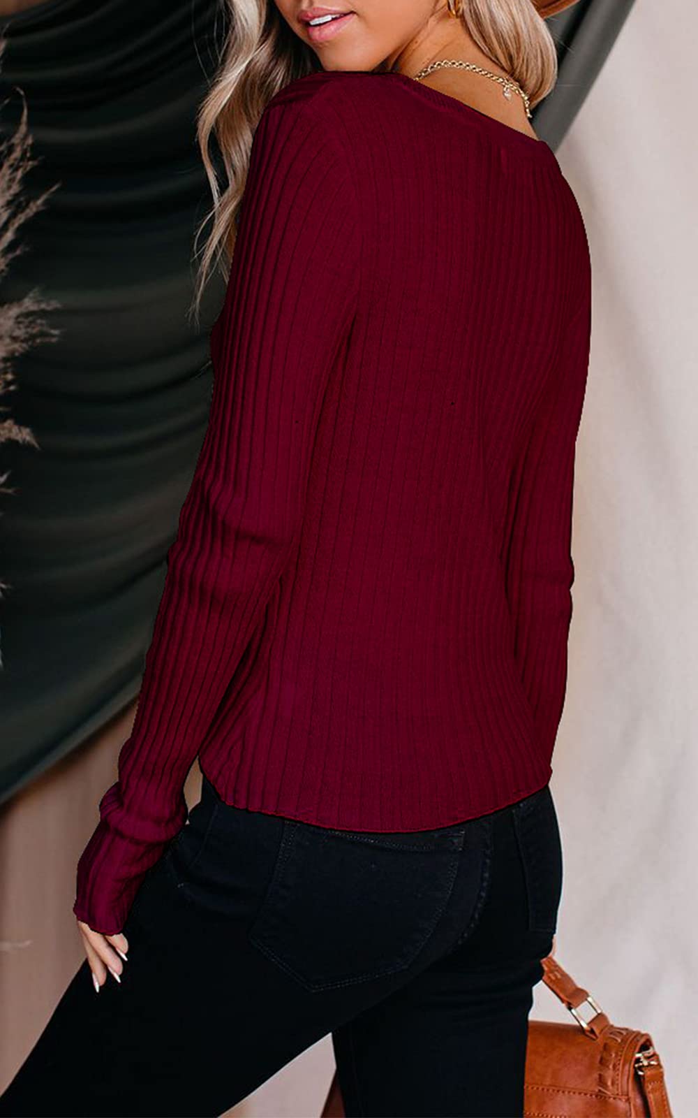 PRETTYGARDEN Womens Long Sleeve Tops - Sexy V Neck Button Ribbed Knit Sweatshirts (Wine Red,Large)