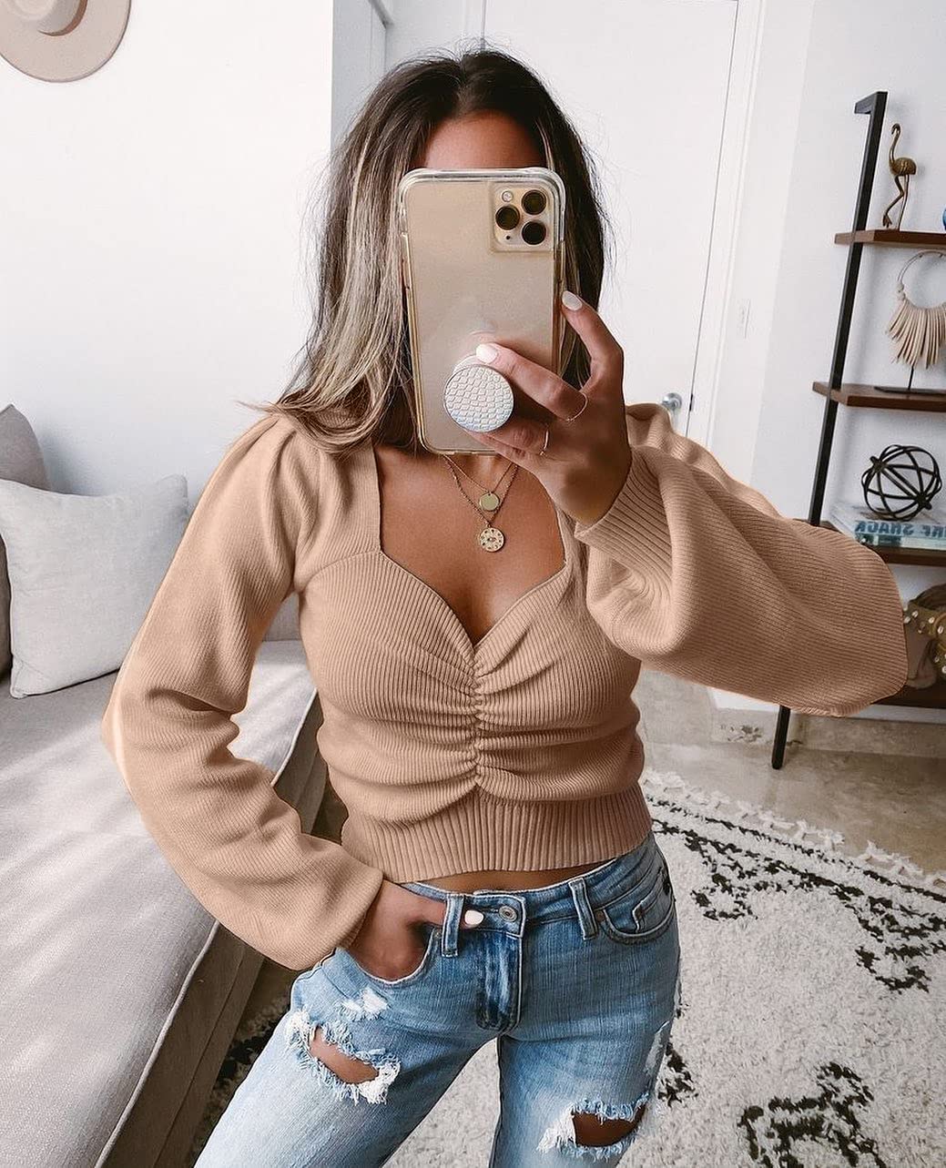 PRETTYGARDEN Fall Long Sleeve Cropped Sweaters for Women 2024 Off The Shoulder V Neck Ruched Ribbed Knit Going Out Tops (Dark Apricot, Medium)
