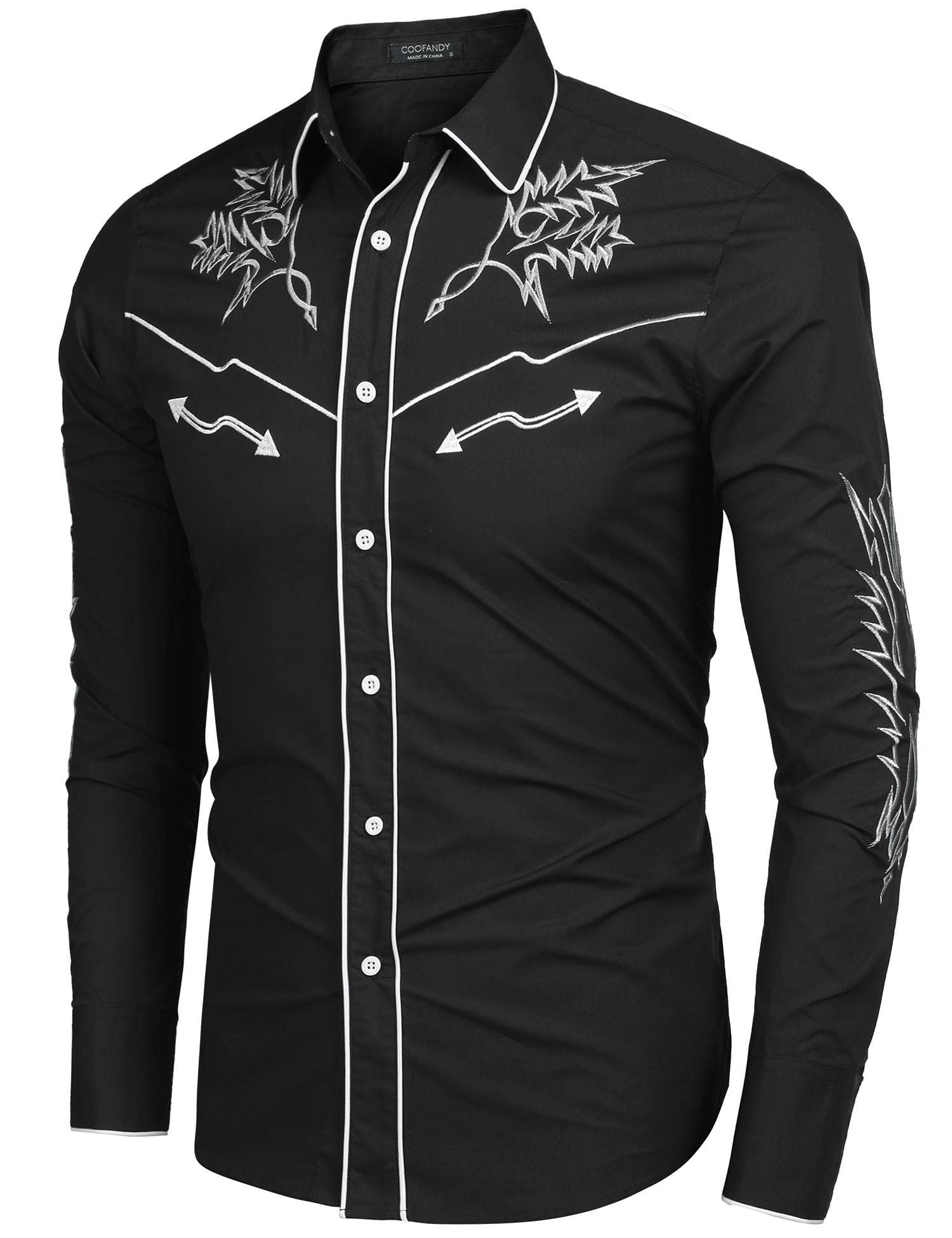 COOFANDY Men's Long Sleeve Embroidered Shirt Casual Slim Fit Button Down Western Shirts ,Black ,Medium