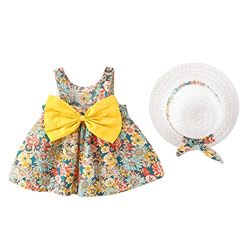 Baby Girls Floral Tutu Dress Summer Sleeveless Backless Princess Birthday Party Dresses Toddler Girl Communion Pageant Flower Bow Sundress with Sun Hat Outfit Set Yellow Flower 18-24 Months