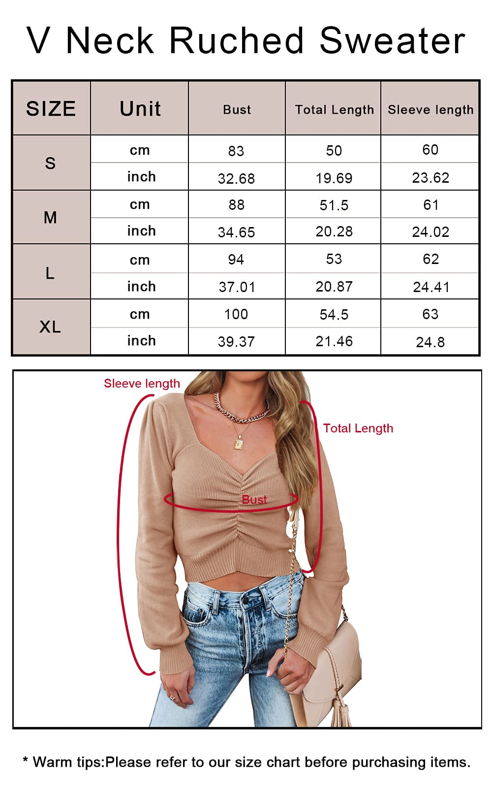 PRETTYGARDEN Fall Long Sleeve Cropped Sweaters for Women 2024 Off The Shoulder V Neck Ruched Ribbed Knit Going Out Tops (Dark Apricot, Medium)