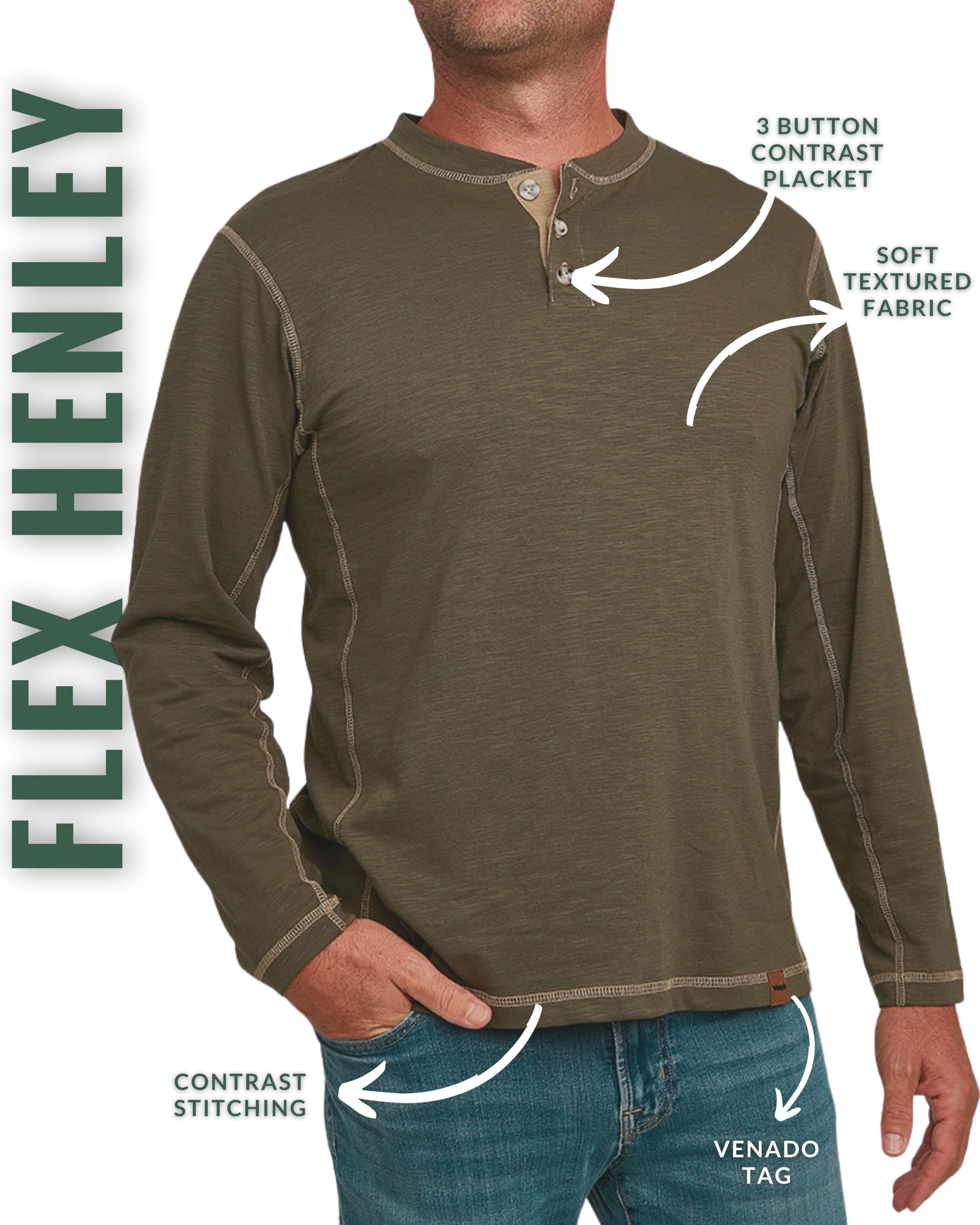 Venado Long Sleeve Shirts for Men – Flex Henley Shirts for Men Outdoor Wear (X-Large, Army)