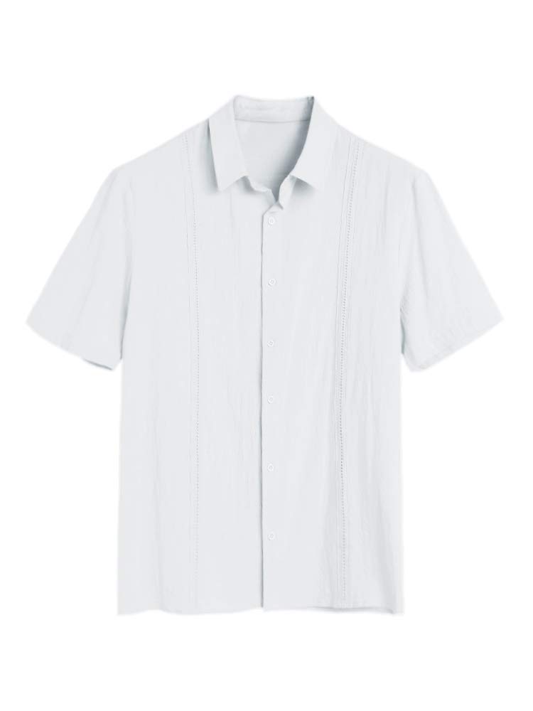 Hestenve Mens Short Sleeve Cuban Camp Guayabera Shirt Linen Cotton Hippie Beach Button Down Shirts White