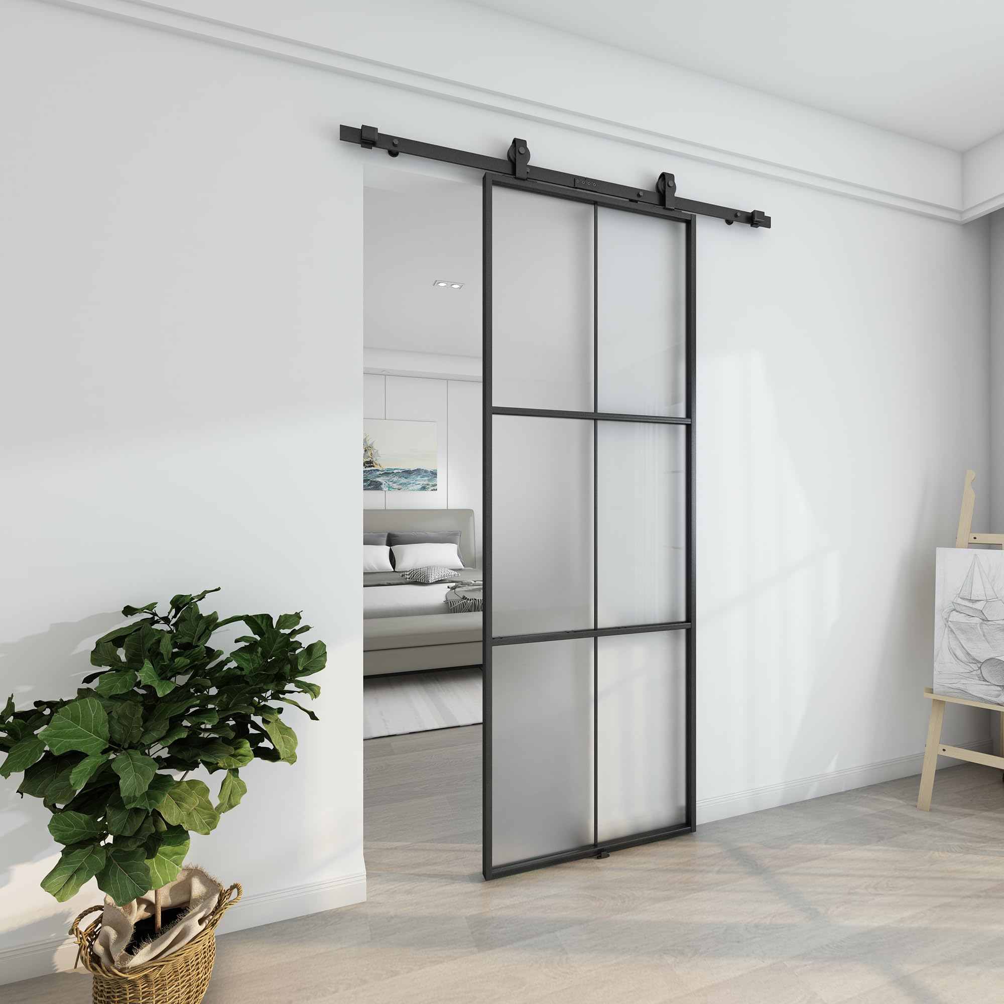 BARNSMITH 36in x 84in Aluminum Glass Barn Door and 6FT Hardware Included,Frosted Tempered Glass Barn Door,Easy Assembly