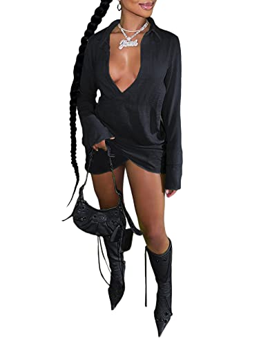 LYANER Women's Sexy Collar V Neck Wrap Hem Long Sleeve Club Party Bodycon Mini Dress Black Small