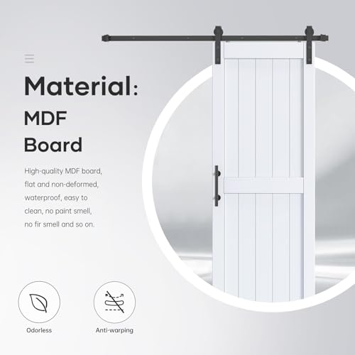 Finosen 30in x 84in White Barn Door Slab with 5.5FT Sliding Door Hardware Kit,Waterproof,Anti-Scratch,DIY Easy Assembly,Easy to Clean,H Frame