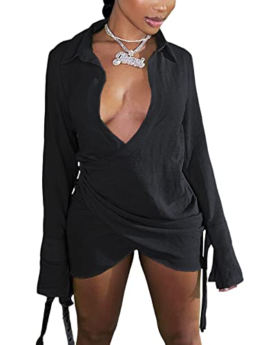 LYANER Women's Sexy Collar V Neck Wrap Hem Long Sleeve Club Party Bodycon Mini Dress Black Small