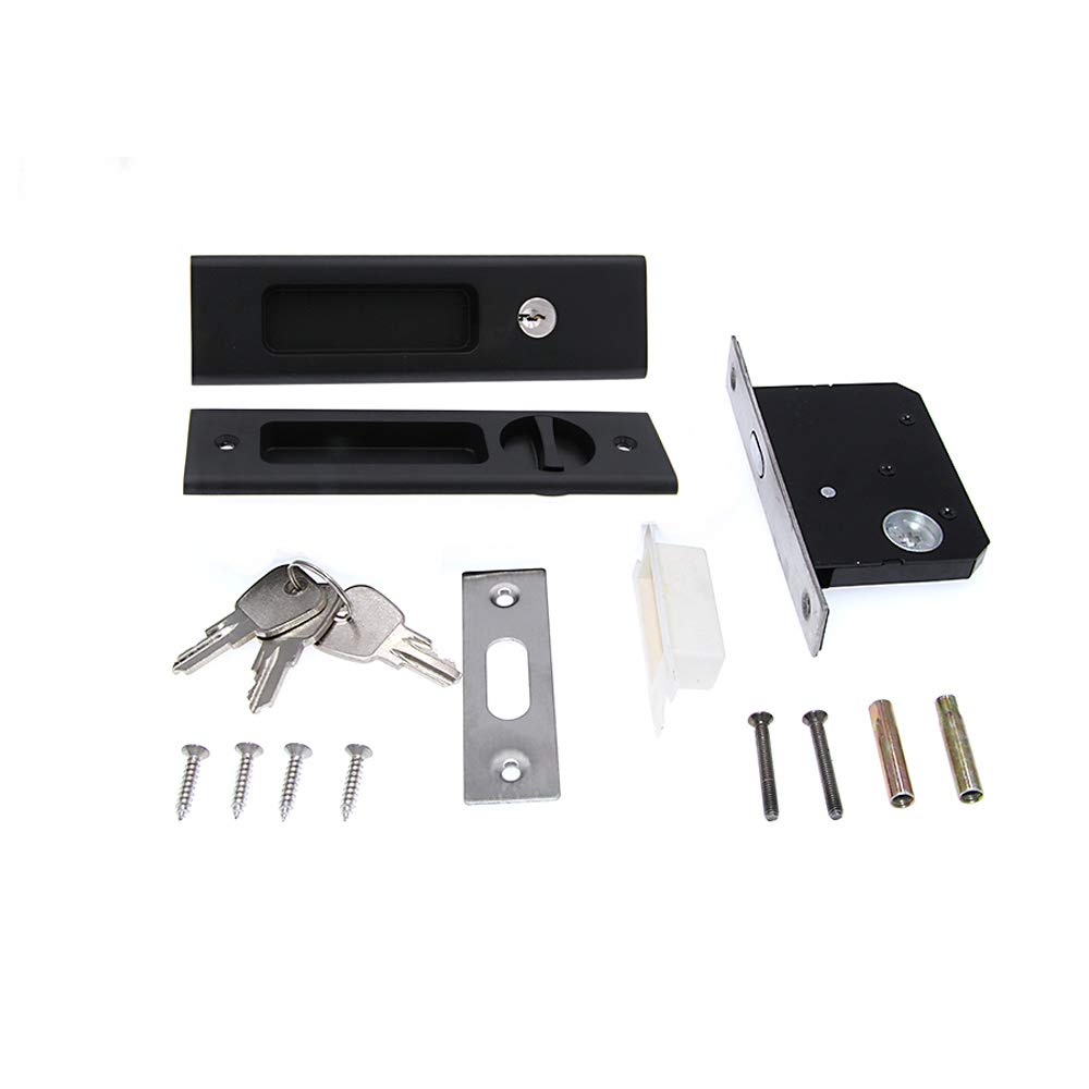 LWZH 6.3" Matte Black Privacy Pocket Door Lock Hardware, Invisible Recessed Handle Latch with Keys, Sliding Door Mortise Lock, Double Barn Door Lock Furniture Hardware