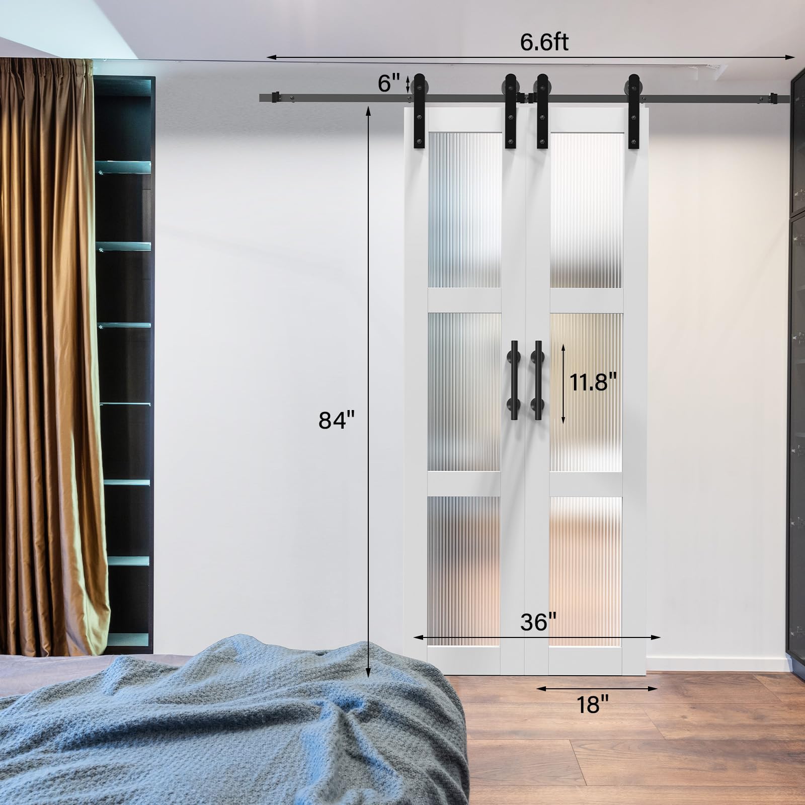 VINGLI 36in x 84in Glass Barn Door with 6.6ft Sliding Barn Door Hardware Kit &Handles, Pre-Drilled Holes Easy Assembly Solid Wood Slab White Sliding Door (Double 18"x84" Doors + 6.6' Track Kit)