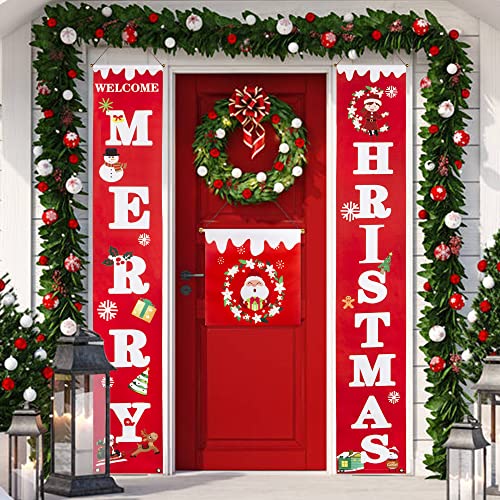 Merry Christmas Banner for Home, Christmas Porch Sign Decorations for Holiday Xmas Outdoor Indoor Front Porch Door Home Wall Hanging Christmas Decorations