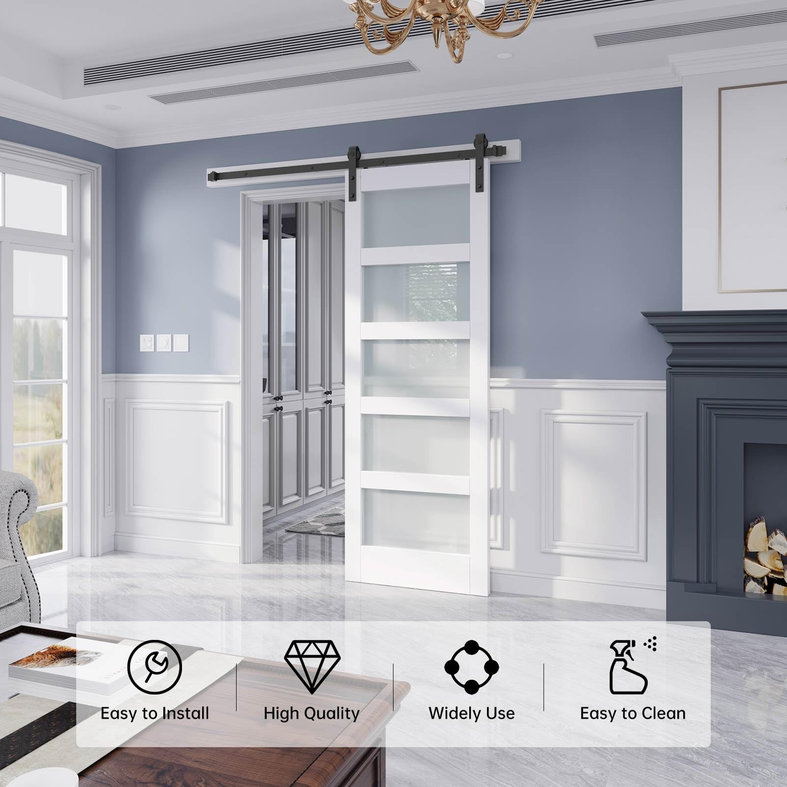 Finosen 30 in x 84 in Sliding Closet Door, 5-Lite Frosted Glass, LVL Wood Panel, PVC Surface, Assembly Needed Interior Doors for Bathroom, Living Room, White