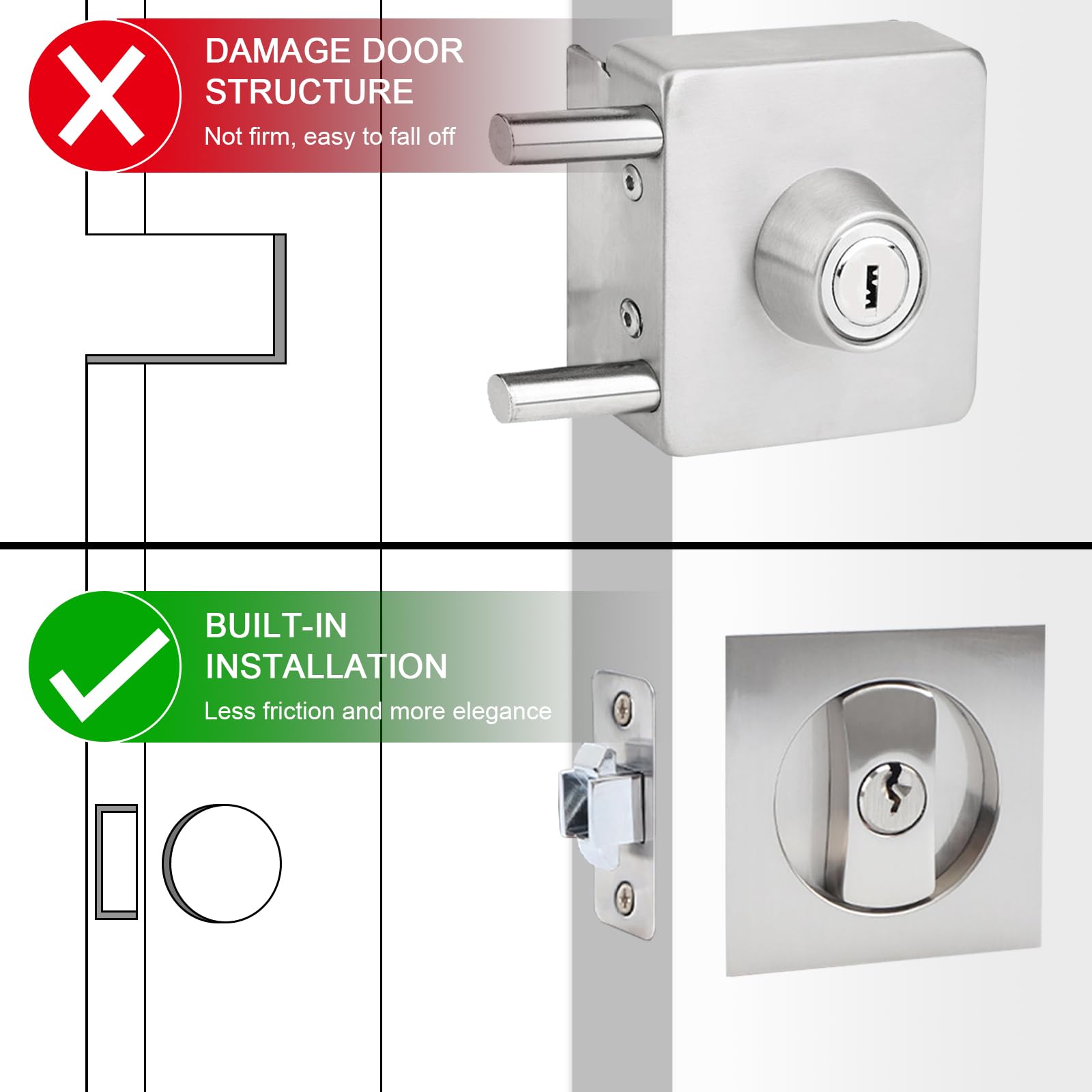 LWZH Brushed Silver Privacy Pocket Door Lock with Keys,Square Sliding Barn Door Lock Latch,Invisible Recessed Door Lock for 1 3/8” to 2 3/16” Thickness Door