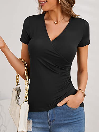 GUBERRY Black Shirts for Women Deep V Neck Short Sleeve Sexy Wrap Top T Shirt