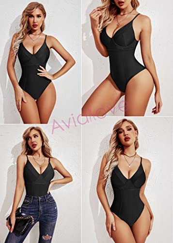 Avidlove Womens Sexy Lingerie Sleeveless Bodysuit V Neck Thong Bodysuits Leotard Tank Tops Black Small