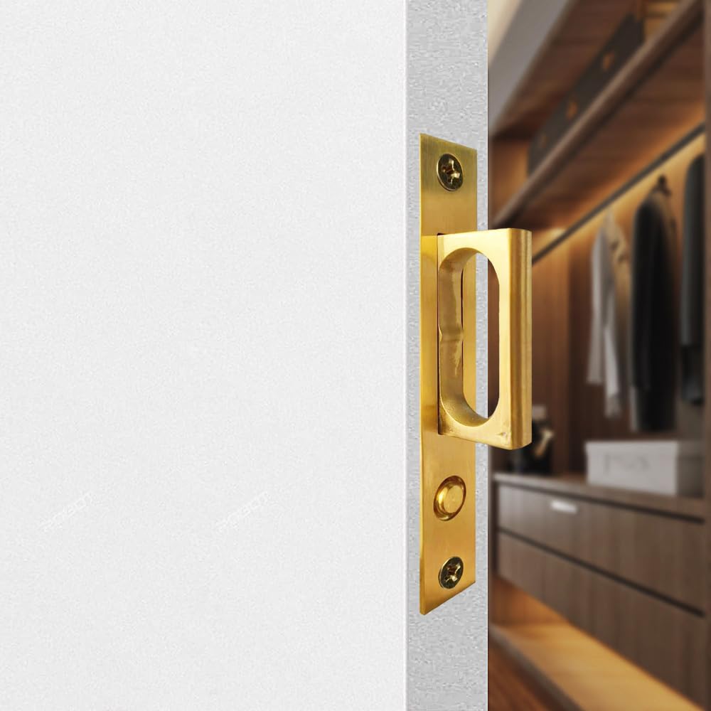 LWZH Brushed Nickel Pocket Door Edge Pull with Push Automatic Bounce Switch,Sliding Door Pull Hardware, Flush Hidden Handle (Gold)
