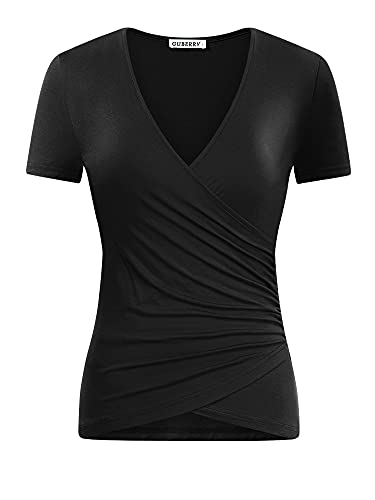 GUBERRY Black Shirts for Women Deep V Neck Short Sleeve Sexy Wrap Top T Shirt