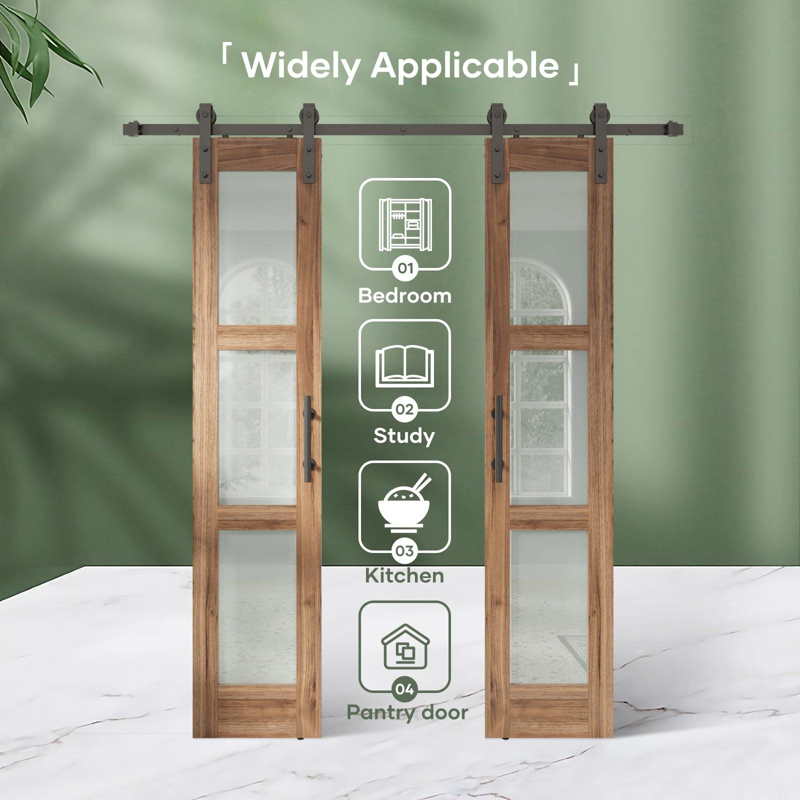 FREDBECK Double 18 x 84 inch Glass Barn Doors 36inch Barn Door with 6.6FT Hardware Kit & Handle Included,3-Panel Frosted Glass,LVL Wood Panel,Water-Proof PVC Surface,Pre-Drilled Holes,Need Assembly