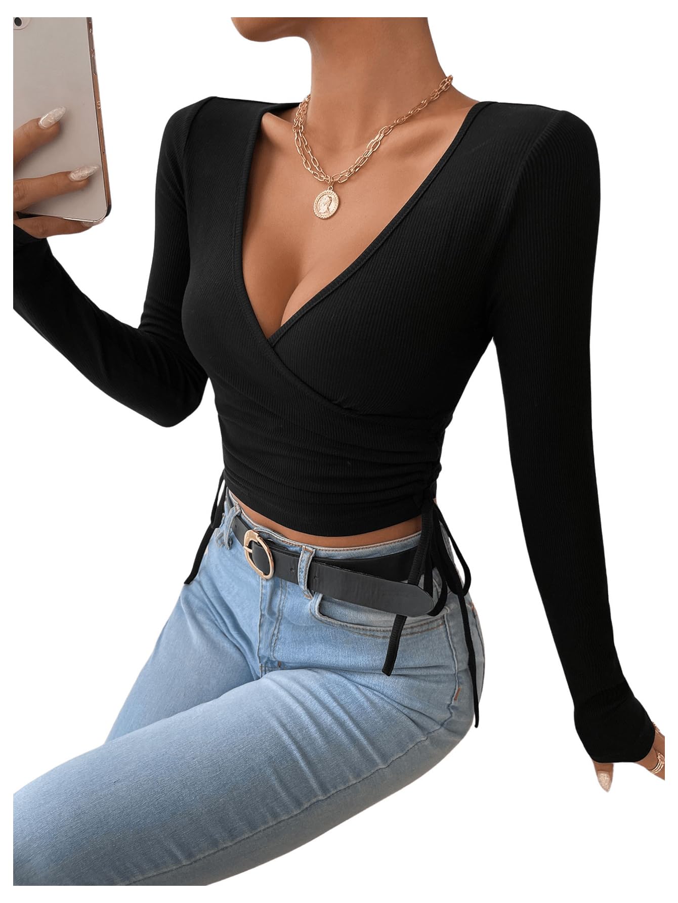 SOLY HUX Long Sleeve Wrap Crop Tops for Women Sexy Ruched V Neck T Shirts Tie Side Fitted Tees Going Out Top Solid Black XS