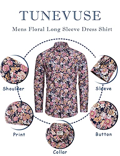TUNEVUSE Mens Long Sleeve Floral Dress Shirt Flowered Pink Pattern Print Button Down Shirts Cotton Pink Medium