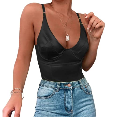 Avidlove Womens Sexy Lingerie Sleeveless Bodysuit V Neck Thong Bodysuits Leotard Tank Tops Black Small