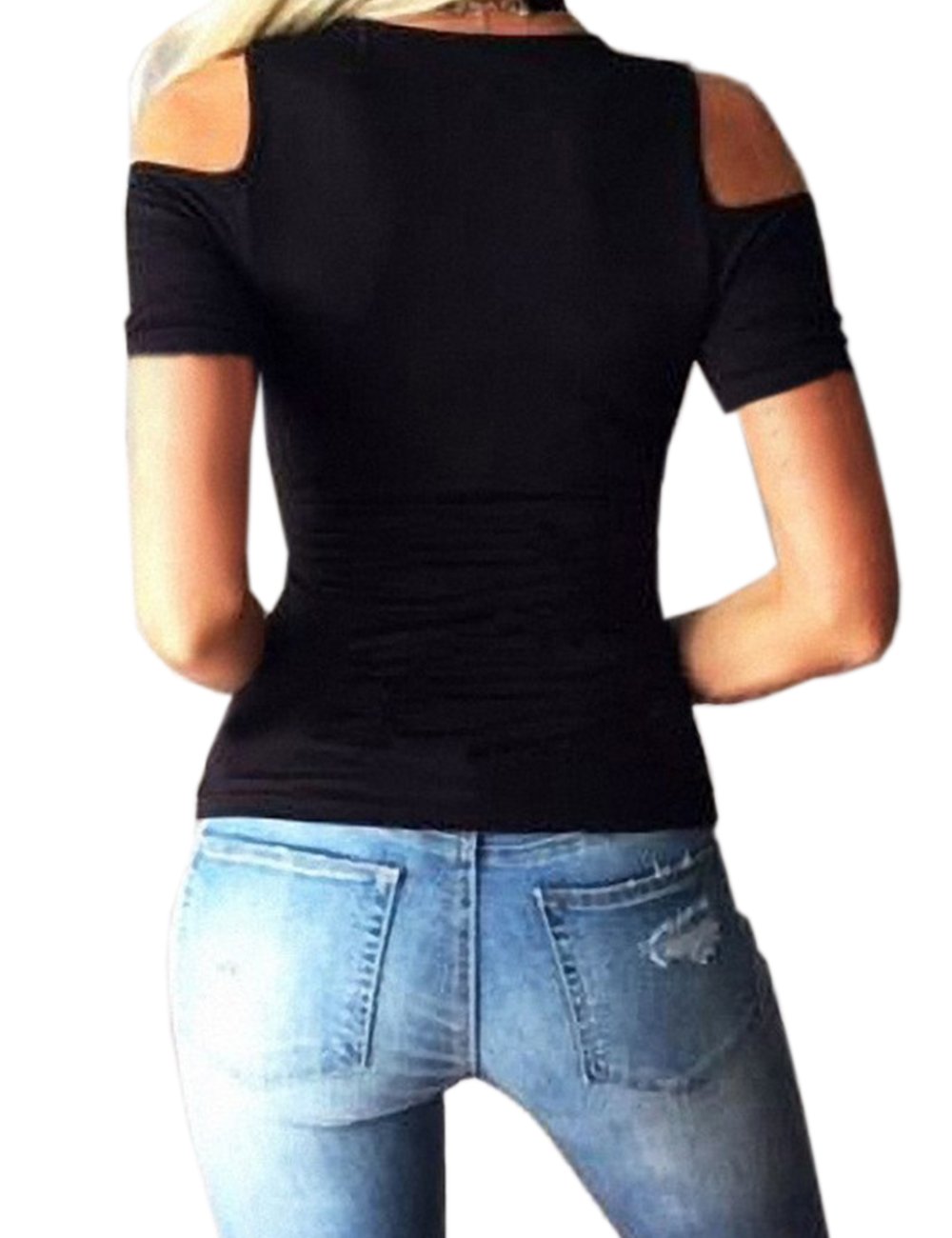 SEMATOMALA Women's Cold Shoulder Sexy Lace Up V Neck Short Sleeve Tee Shirts Tops Clubwear Plus Size BL-3XL Black