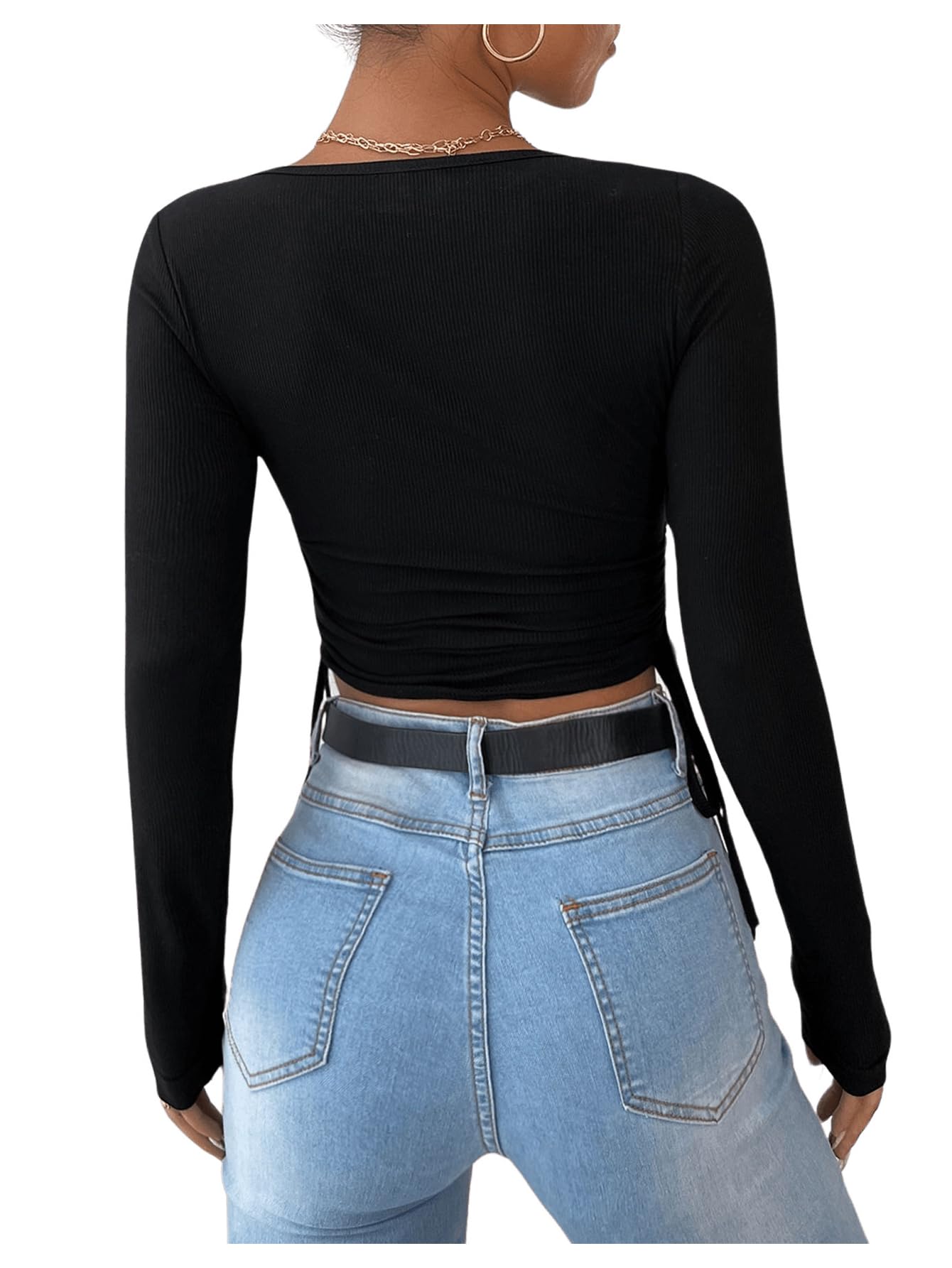 SOLY HUX Long Sleeve Wrap Crop Tops for Women Sexy Ruched V Neck T Shirts Tie Side Fitted Tees Going Out Top Solid Black XS