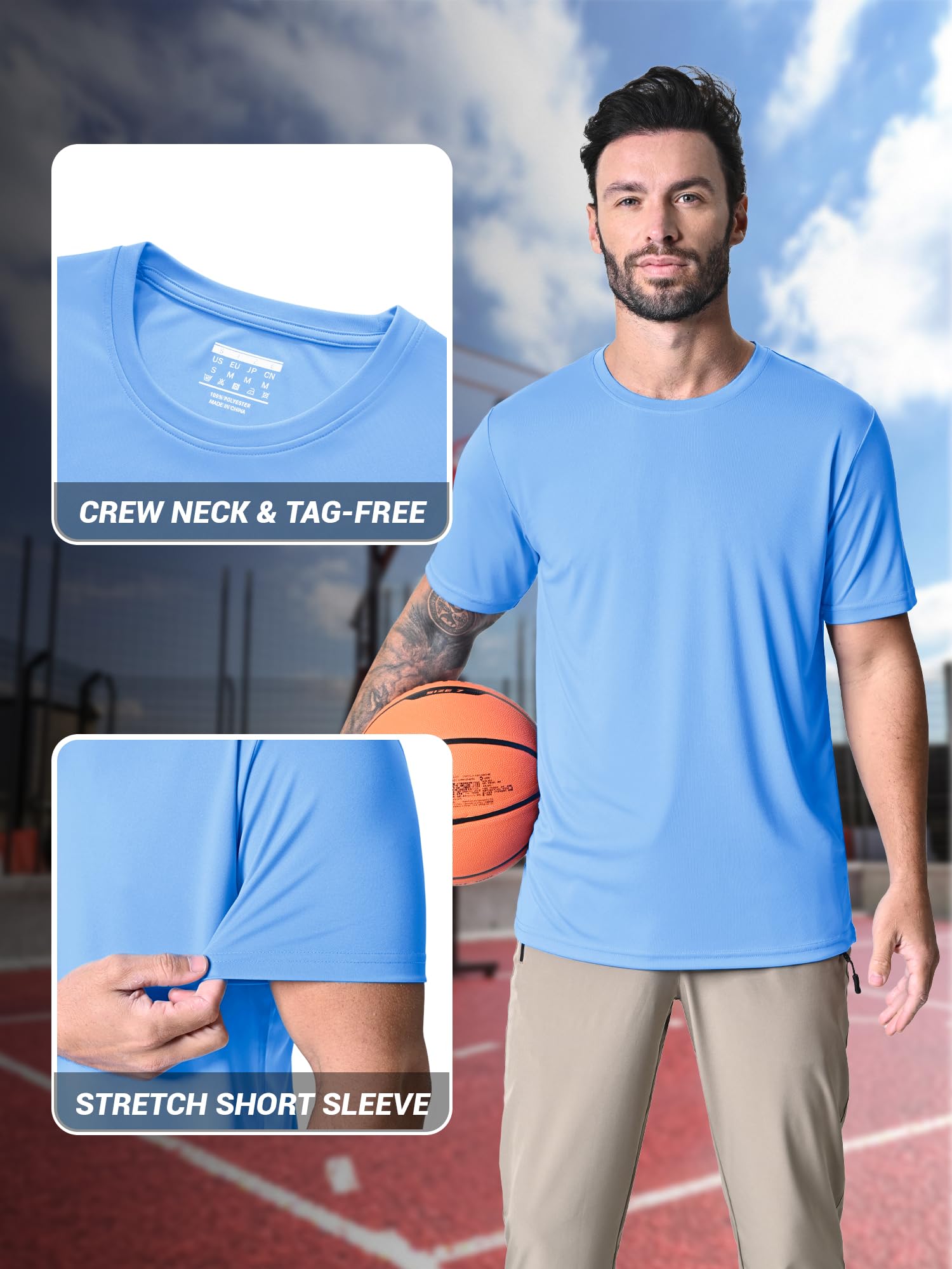 T-Shirts for Men Quick Dry Top Tee Rash Guards Running Shirt Dry Fit Lightweight Sun Shirts Gym Active T-Shirt Sky Blue