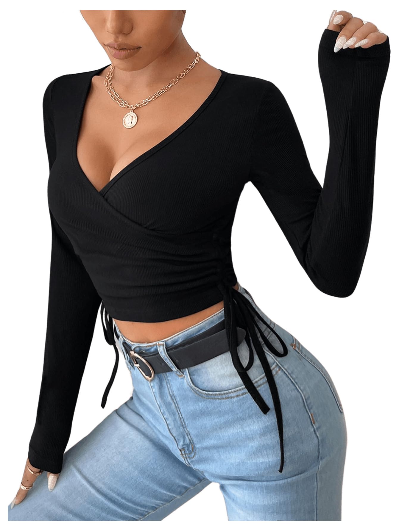 SOLY HUX Long Sleeve Wrap Crop Tops for Women Sexy Ruched V Neck T Shirts Tie Side Fitted Tees Going Out Top Solid Black XS