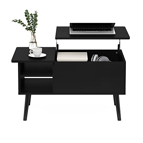 Furinno Jensen Living Room Wooden Leg Lift Top Coffee Table With Hidden Compartment and Side Open Storage Shelf, Americano
