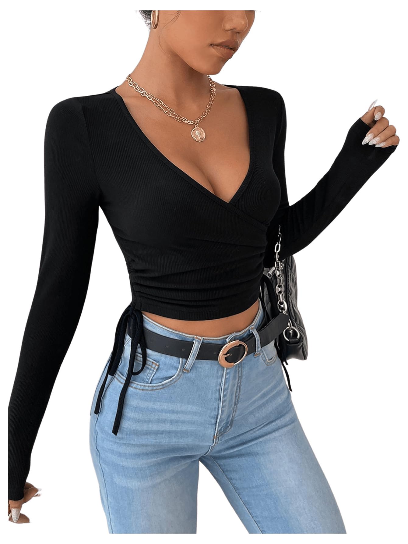 SOLY HUX Long Sleeve Wrap Crop Tops for Women Sexy Ruched V Neck T Shirts Tie Side Fitted Tees Going Out Top Solid Black XS