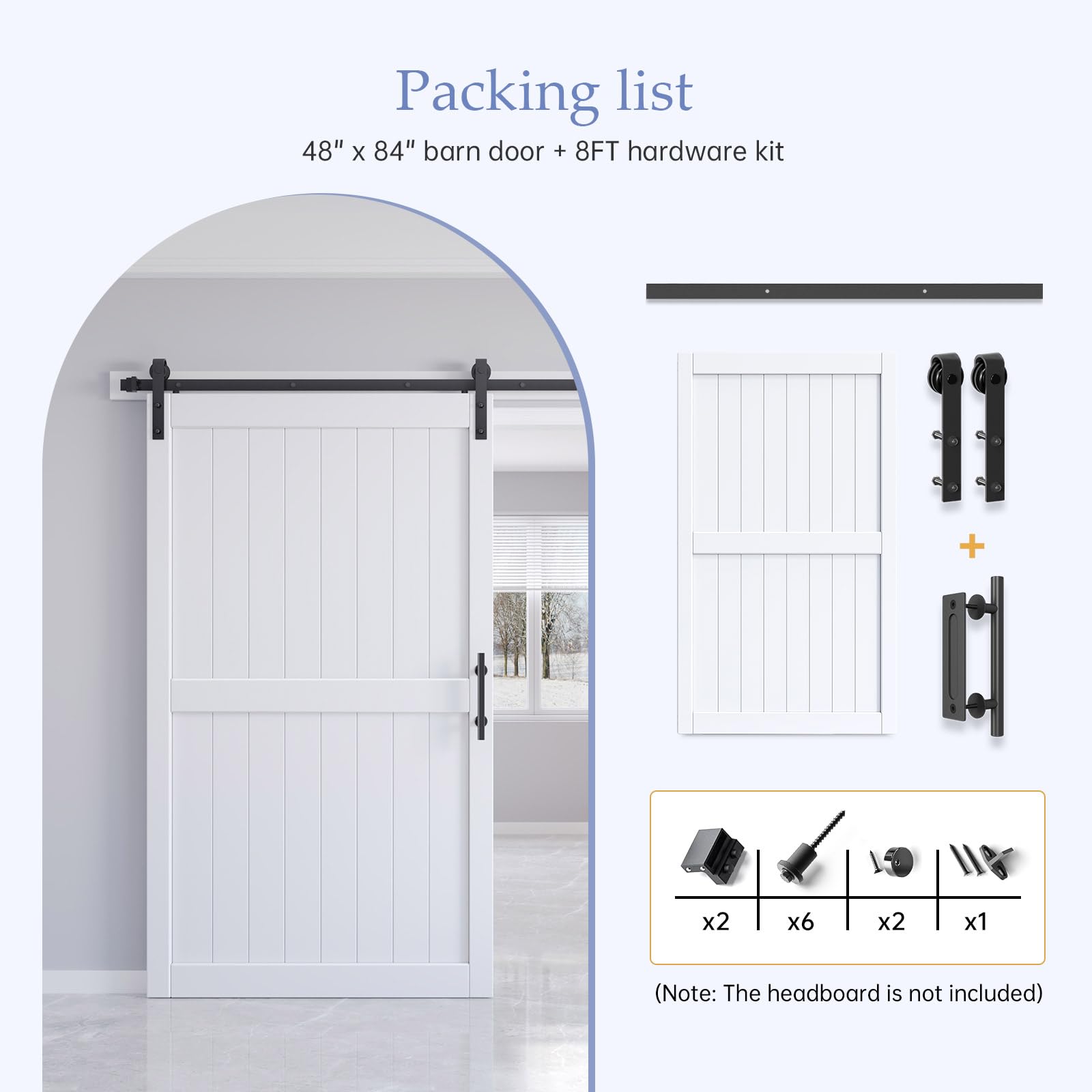 ROYMELO 48x84 Inch White Sliding Barn Door Slab and 8ft Hardware Kit Included, MDF Wood Panel Covered with Water-Proof Scratch-Proof PVC Surface, Easy to Clean, Simple DIY Assembly