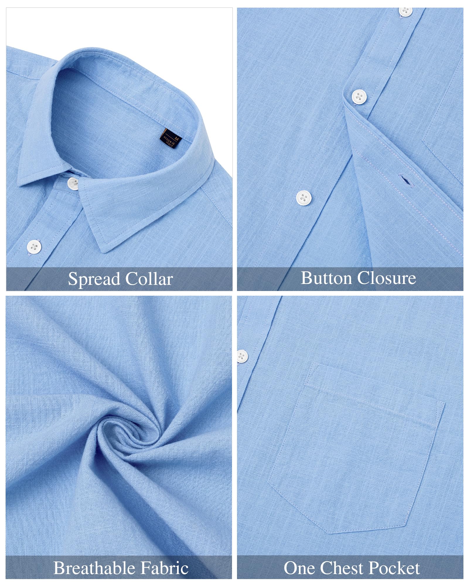 J.VER Men's Short Sleeve Linen Cotton Shirts Casual Button Down Shirt Summer Beach Tops with Pocket Light Blue X-Large