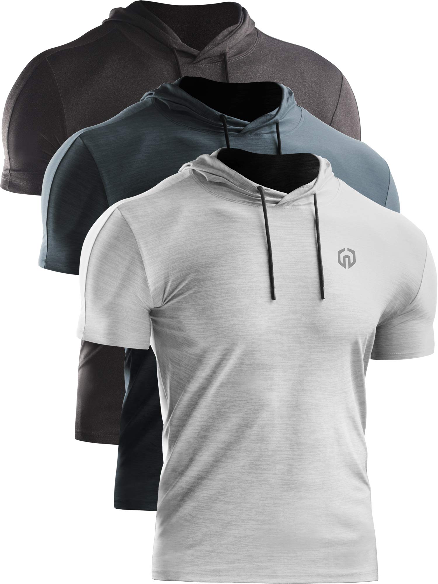 NELEUS Men's 3 Pack Dry Fit Running Shirt Workout Athletic Shirt with Hoods,Grey Black,Slate Gray,Light Grey,US XL,EU 2XL