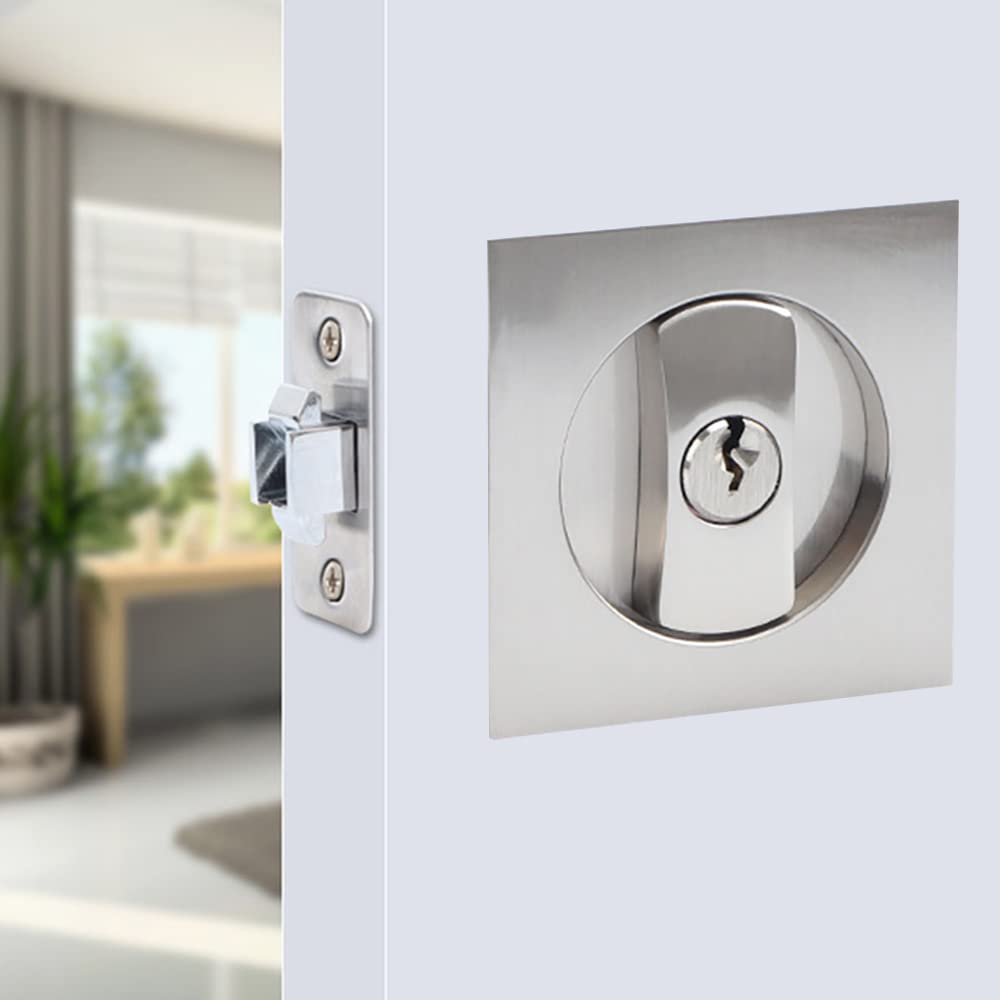 LWZH Brushed Silver Privacy Pocket Door Lock with Keys,Square Sliding Barn Door Lock Latch,Invisible Recessed Door Lock for 1 3/8” to 2 3/16” Thickness Door