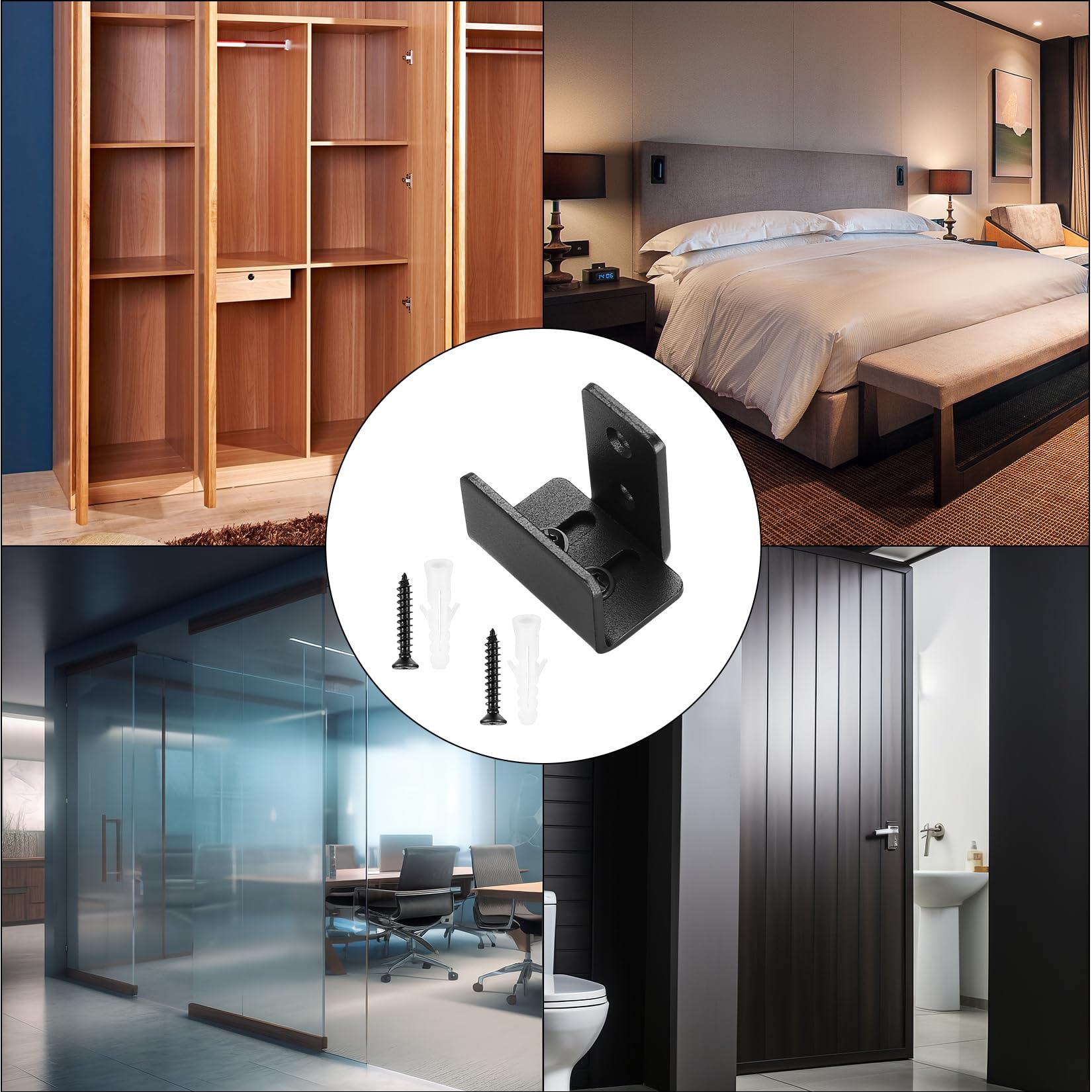 Sliding Barn Door Bottom Floor Guide, 4 Pcs U Shape Sliding Barn Door Hardware, Black Adjustable Floor Guide Wall Mount & Flush Flat Bottom Design for Door Cabinet, Up to 1-7/16" W 1-7/8" H