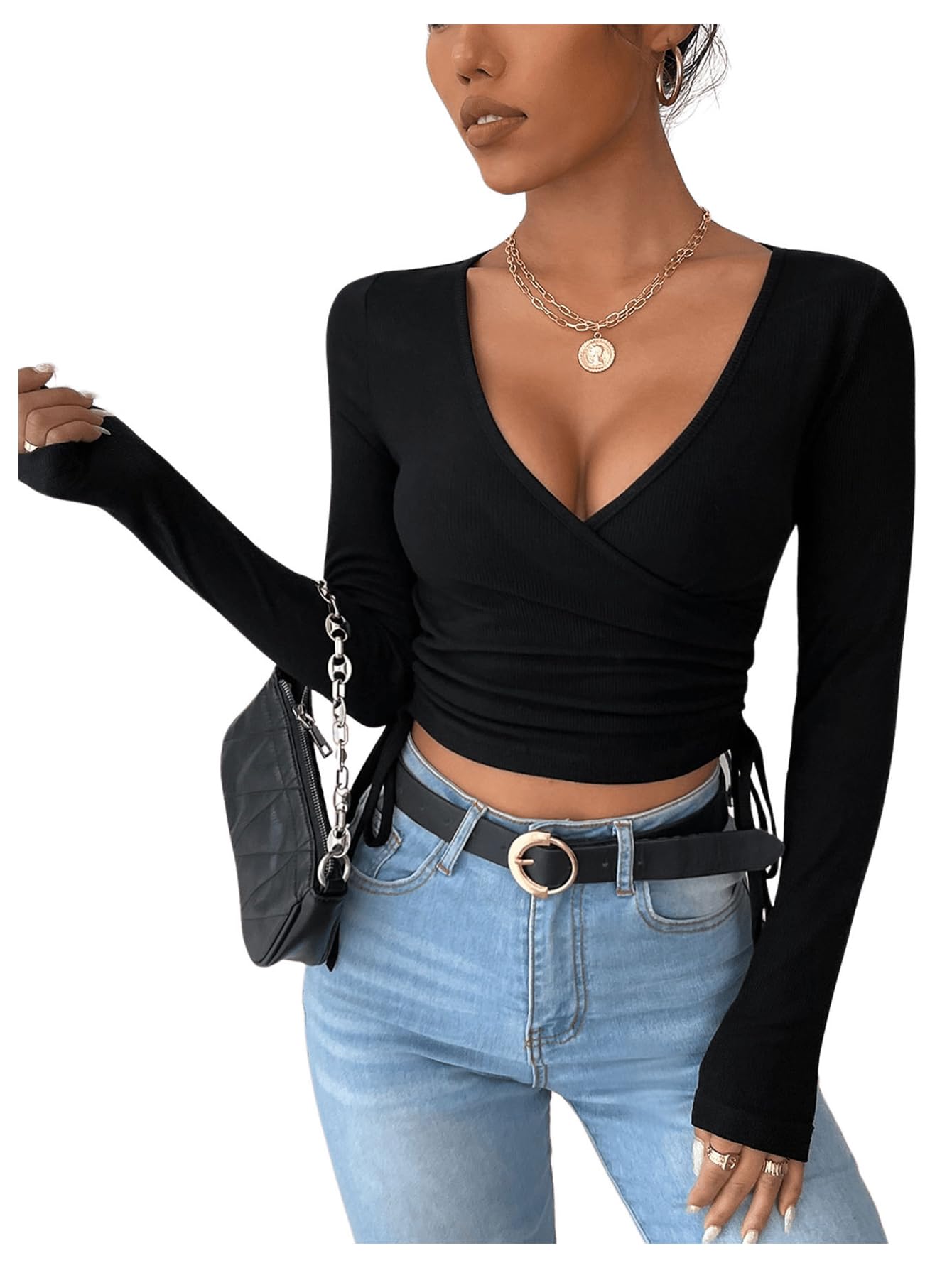 SOLY HUX Long Sleeve Wrap Crop Tops for Women Sexy Ruched V Neck T Shirts Tie Side Fitted Tees Going Out Top Solid Black XS