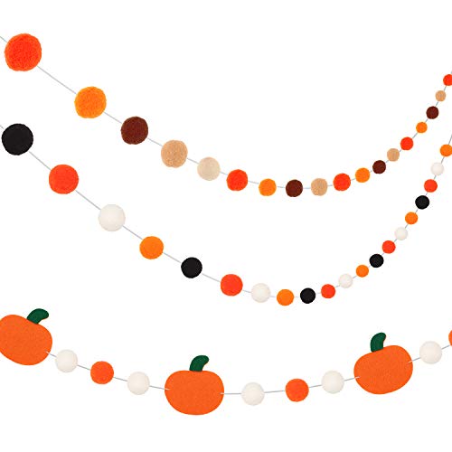 3 Pieces Fall Ball Garland Thanksgiving Wool Ball Garland Pom Pom Banner Halloween Pumpkin Garland for Halloween Autumn Holiday Thanksgiving Birthday Decor(Warm Color)