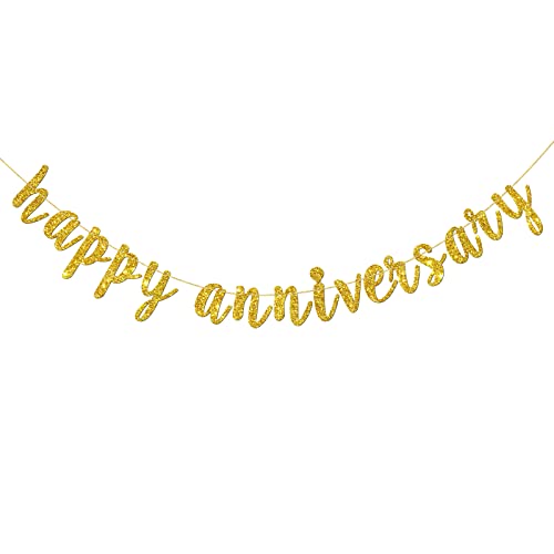 INNORU Gold Glitter Happy Anniversary Banner - Birthday Sign Bunting - Wedding Anniversary Party Decorations