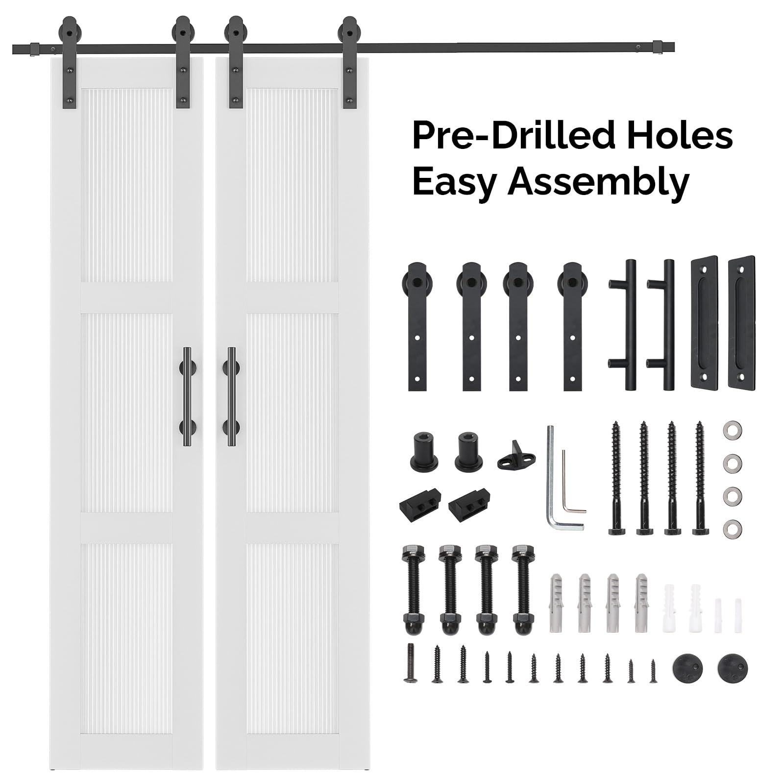 VINGLI 36in x 84in Glass Barn Door with 6.6ft Sliding Barn Door Hardware Kit &Handles, Pre-Drilled Holes Easy Assembly Solid Wood Slab White Sliding Door (Double 18"x84" Doors + 6.6' Track Kit)