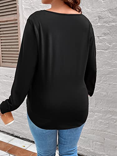 WDIRARA Women's Plus Size Criss Cross Wrap Deep V Neck Long Sleeve Tee T Shirt Black 2XL