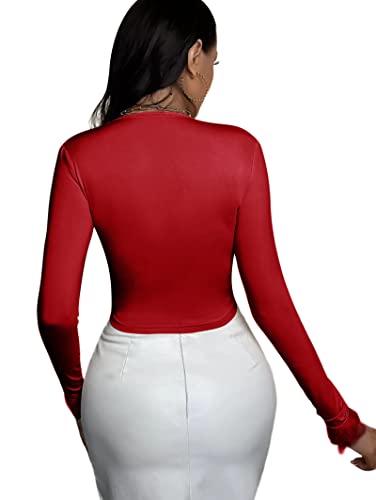 Zoyami Womens Sexy Tie Front Long Sleeve Crop Top Feather Trim V Neck Blouse Red Medium