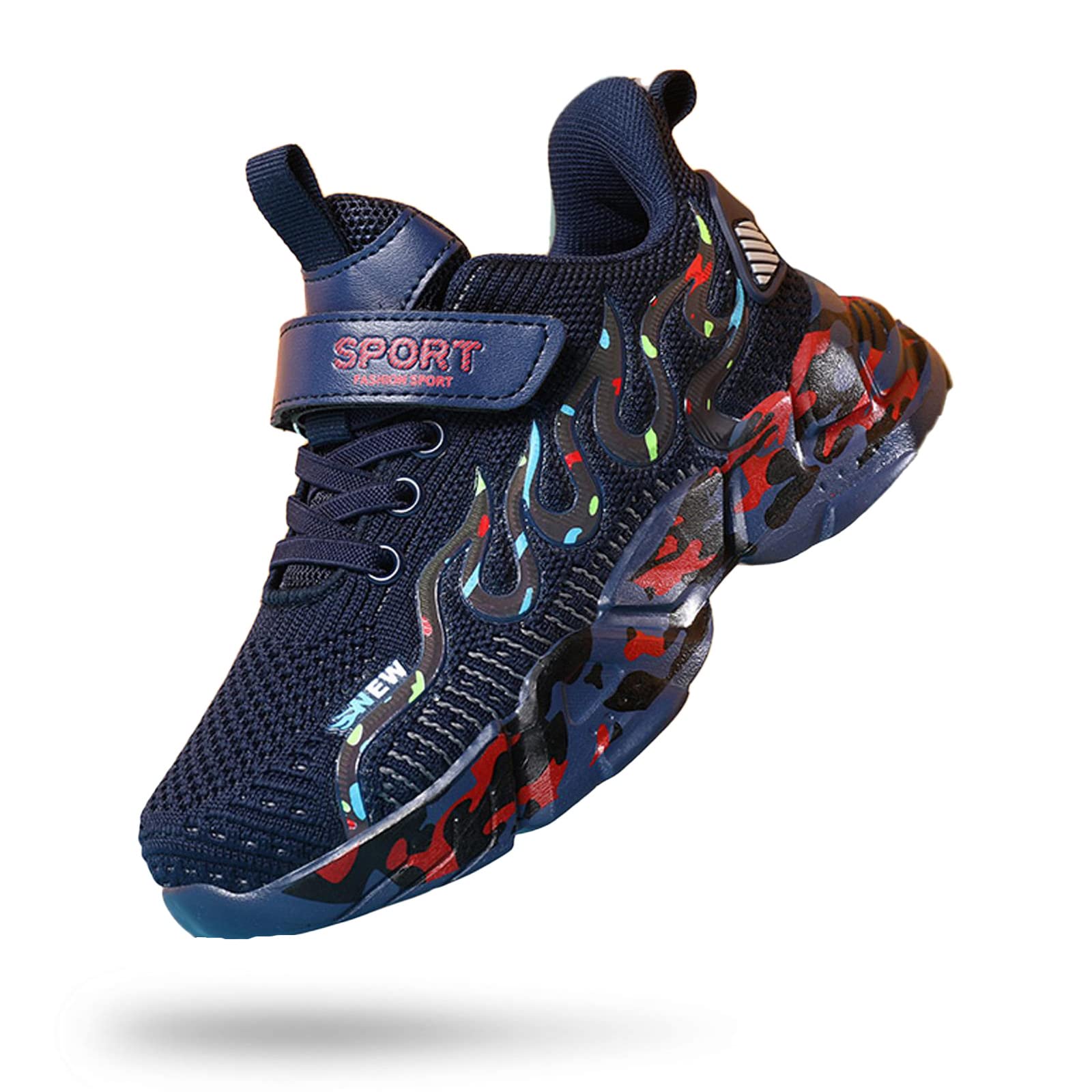 BTKSDAS Boys' Athletic Shoes Slip On Breathable Boys' Sneakers Tennis Running Walking Basketball Shoes for Boys Sneakers Kids Dark Blue/Red Size 2.5 Little Kid