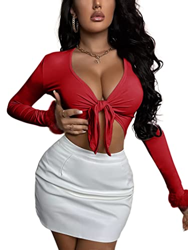 Zoyami Womens Sexy Tie Front Long Sleeve Crop Top Feather Trim V Neck Blouse Red Medium