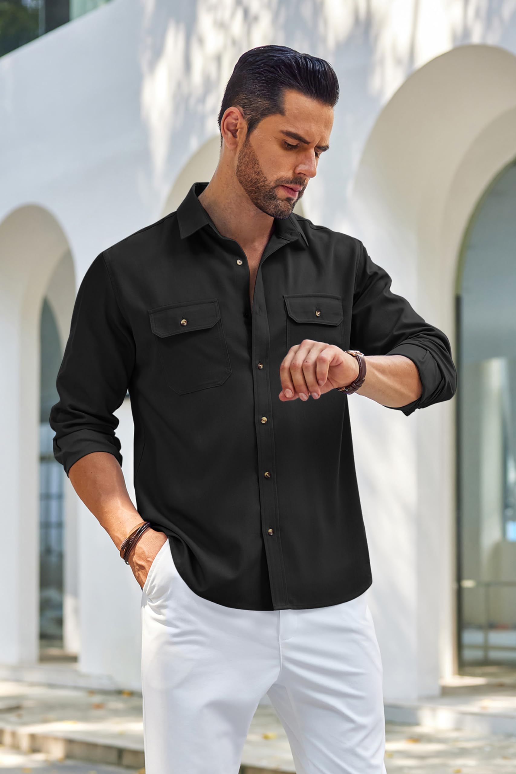 COOFANDY Mens Button Down Overshirt Jacket Casual Long Sleeve Shirts Stretch Dress Shirt