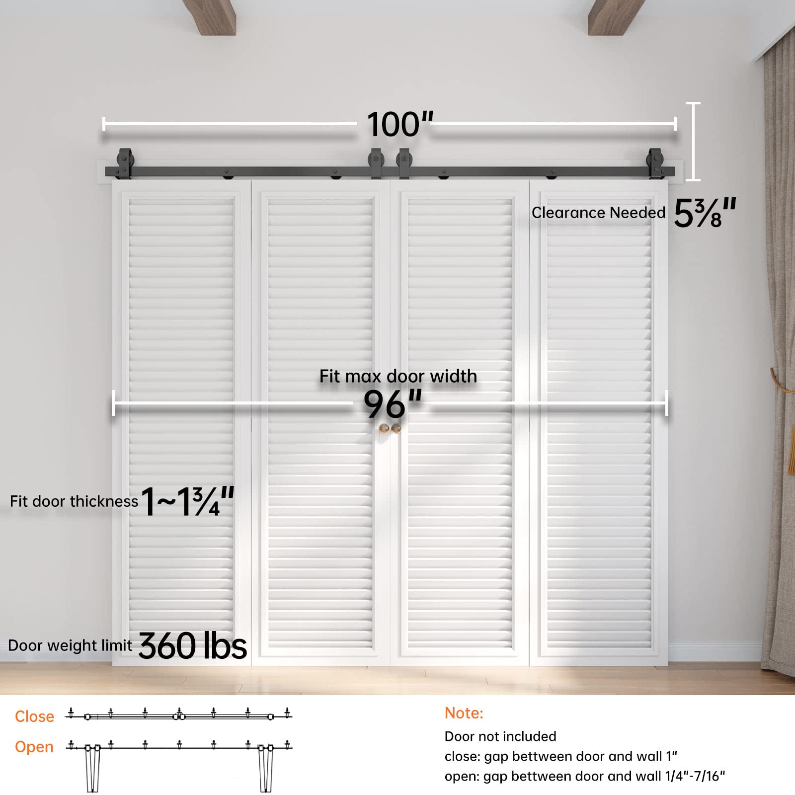 EaseLife 96" Bi-Folding Sliding Barn Door Hardware Track Kit for 4 Closet Door,Top Mount Roller,Heavy Duty,Slide Smoothly Quietly,Easy Install,Black,No Door (Track Length 100" for Four 24" Wide Door)