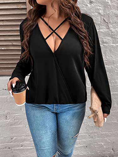 WDIRARA Women's Plus Size Criss Cross Wrap Deep V Neck Long Sleeve Tee T Shirt Black 2XL