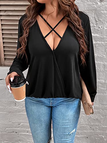 WDIRARA Women's Plus Size Criss Cross Wrap Deep V Neck Long Sleeve Tee T Shirt Black 2XL